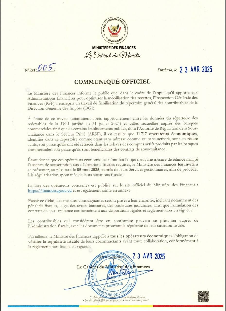 COMMUNIQUE OFFICIEL N°005. CABINET DU MINISTRE DES FINANCES | Ministère ...